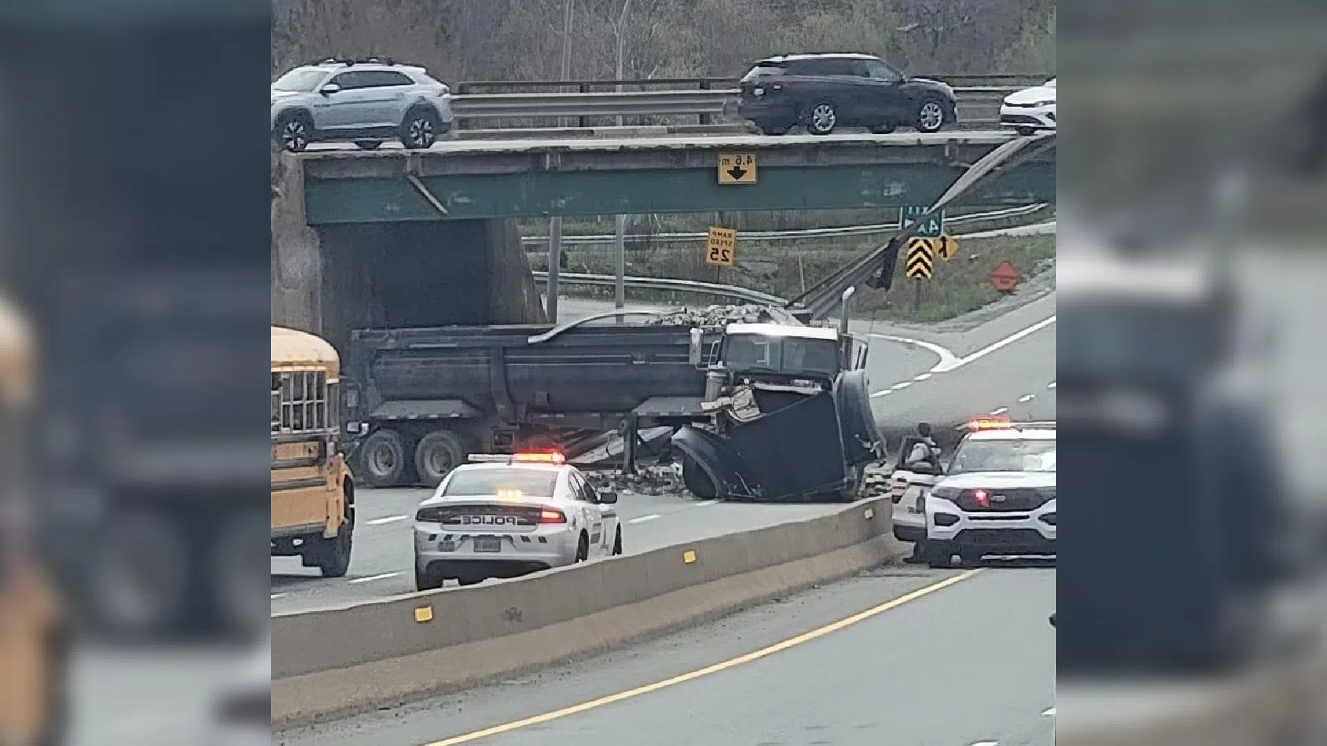 Transport truck drives off overpass, hits school bus in Lower Sackville ...
